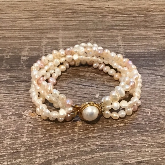 Jewelry | Vintage Gold Tone Genuine Pearl 5 Row Hidden Clasp Bracelet 7 ...